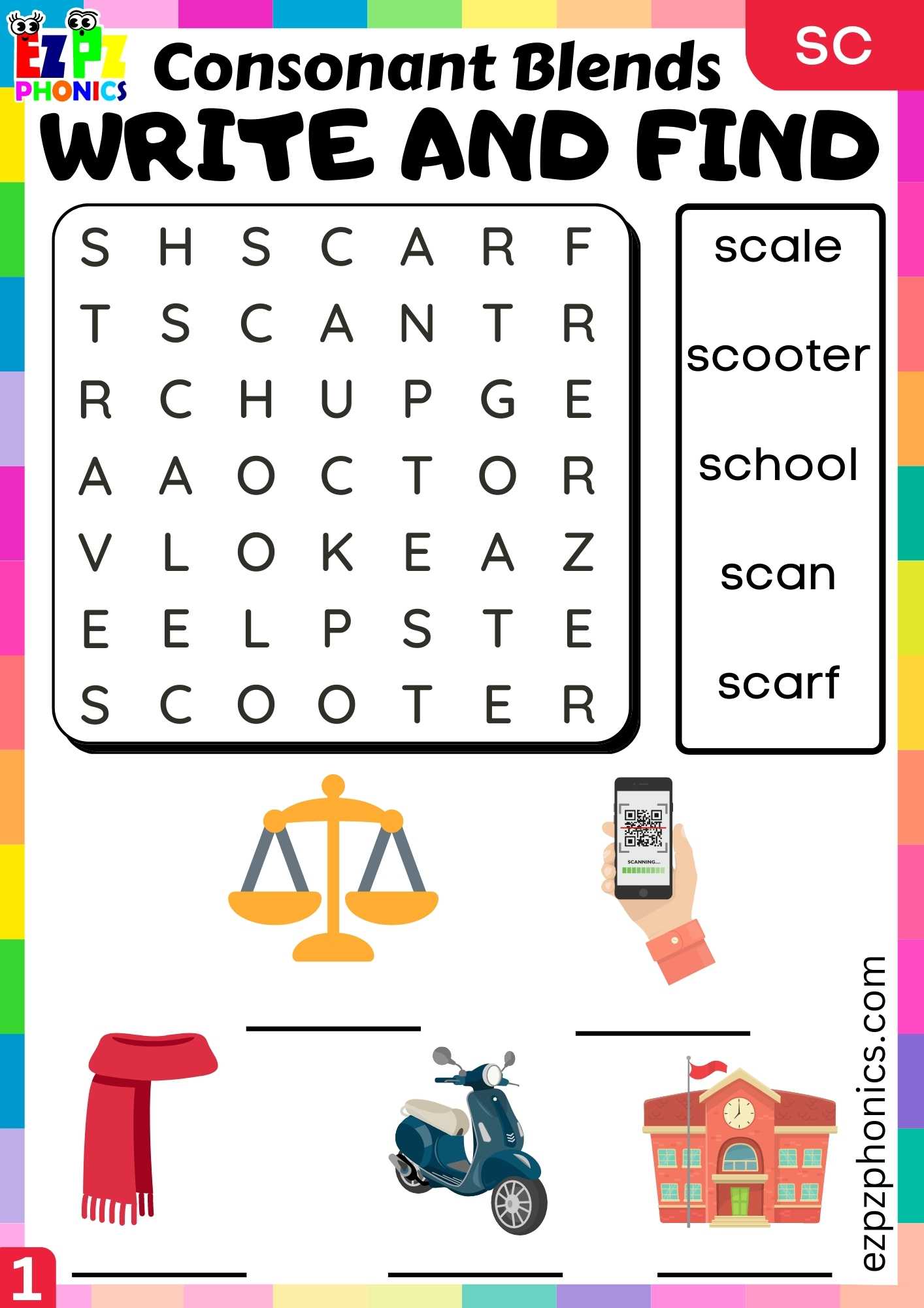 Group1 Sc Words Write And Find Phonics Consonant Blends Worksheet